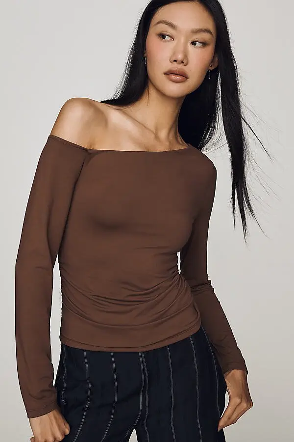 Maeve Off-shoulder Long-sleeve Top - Brown