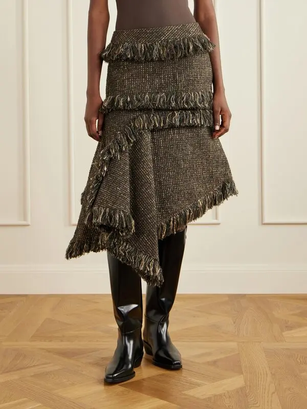 Sacai Fringed Wool-blend Tweed Midi Skirt - Brown