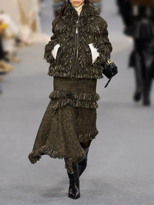 Sacai Fringed Wool-blend Tweed Midi Skirt - Brown