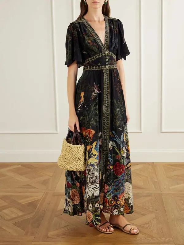 Camilla Palace Zoology Embellished Printed Silk Maxi Dress