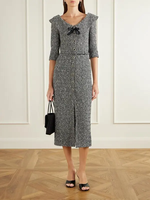 Alessandra Rich Bow-detailed Silk-trimmed Tweed Midi Dress