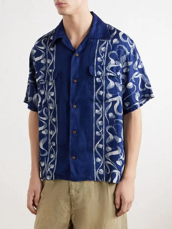 Kapital Okura Camp-collar Printed Linen Shirt