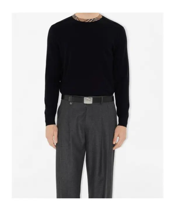 Burberry Checked-trim Ribbed-knit Jumper - Navy