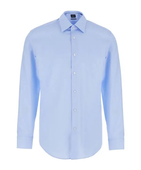 Hugo Boss Hank' Shirt With Classic Collar And Curved Hem In Cotton For - Light Blue