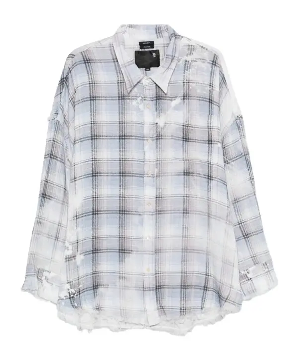 R13 Shredded Seam Drop Neck Shirt - Blue Bleached Plaid