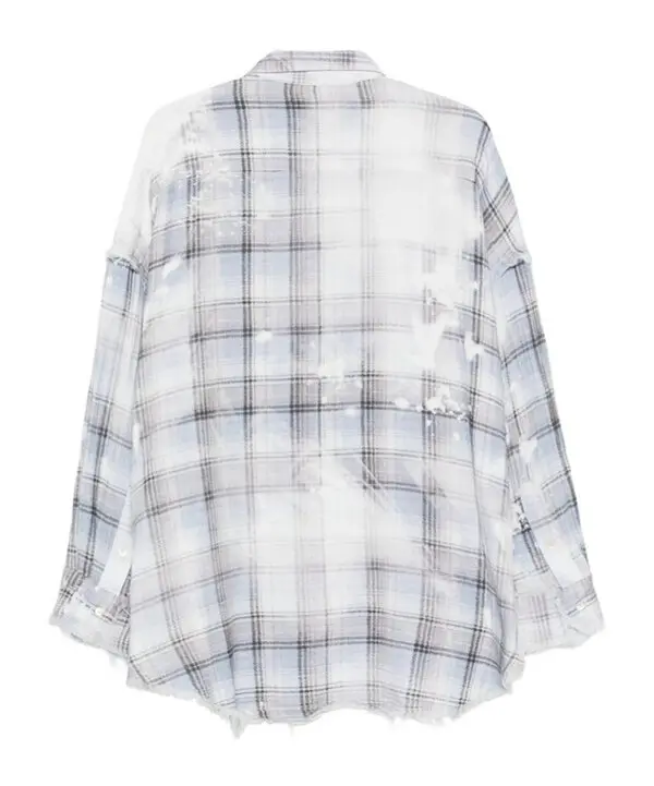R13 Shredded Seam Drop Neck Shirt - Blue Bleached Plaid