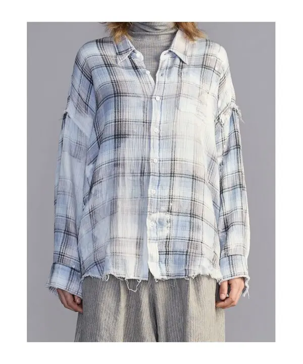 R13 Shredded Seam Drop Neck Shirt - Blue Bleached Plaid