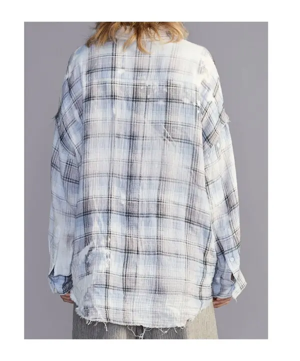 R13 Shredded Seam Drop Neck Shirt - Blue Bleached Plaid