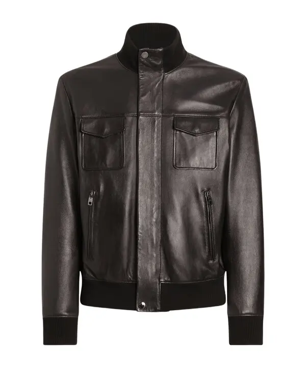 Dolce & Gabbana Leather Bomber Jacket With Zip Closure