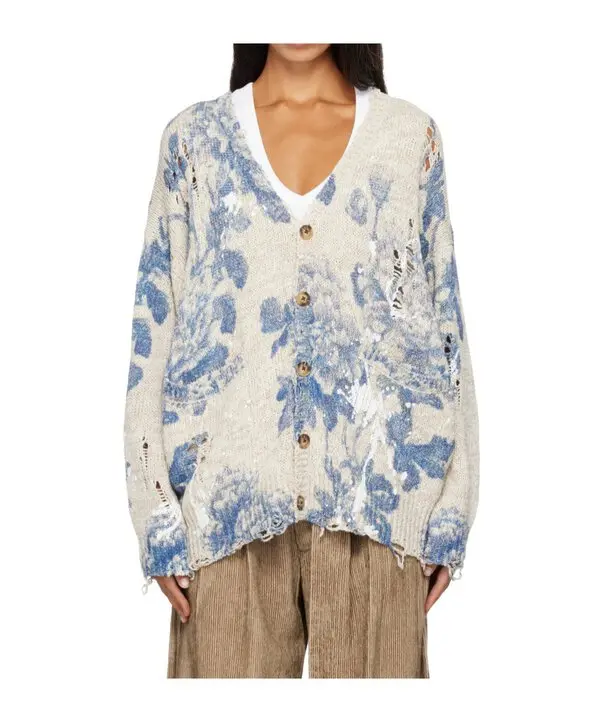 R13 Floral Print Distressed V-neck Cardigan