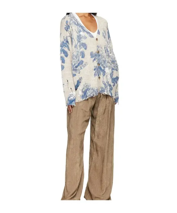 R13 Floral Print Distressed V-neck Cardigan