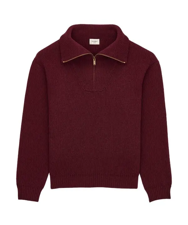Saint Laurent Rib-knit Wool Half-zip Sweater With Stand Collar - Bordeaux