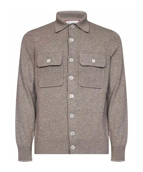 Brunello Cucinelli Long Sleeve Ribbed Knit Top With Collar And Button Closure - No
