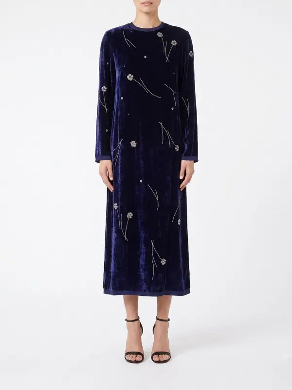 FORTE_FORTE Embroidered Velvet Long Sleeve Maxi Dress - Blue