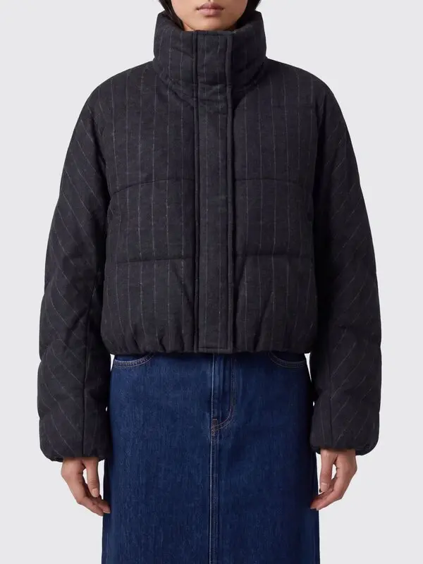 Brunello Cucinelli Pinstriped Padded Jacket With Stand Collar - Grey