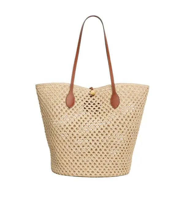 Celine Bucket Triomphe Beads Basket In Raffia And Calfskin