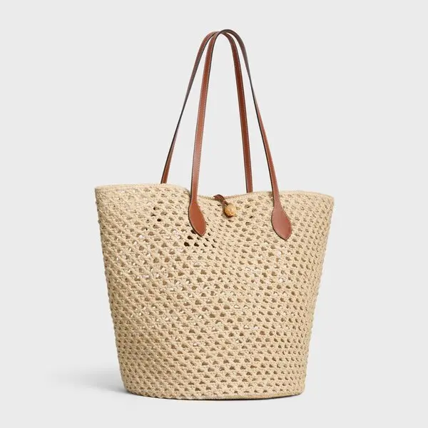 Celine Bucket Triomphe Beads Basket In Raffia And Calfskin
