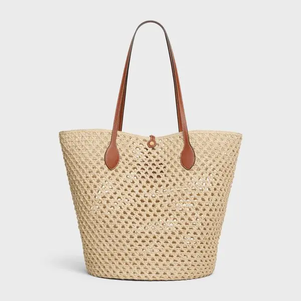 Celine Bucket Triomphe Beads Basket In Raffia And Calfskin