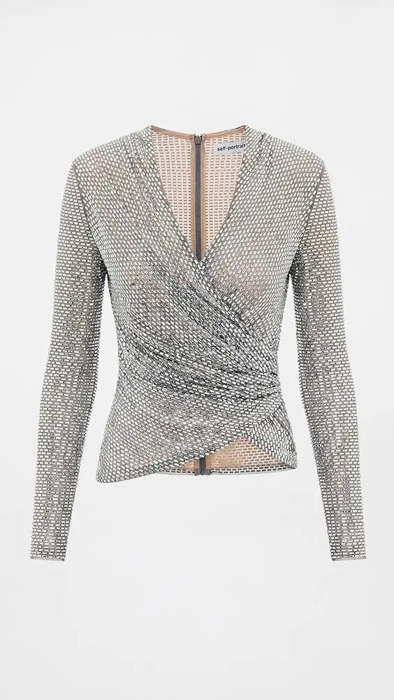 SELF-PORTRAIT Rhinestone Mesh Wrap Top