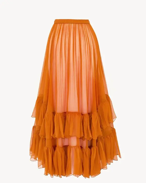 Saint Laurent Silk Crepon Muslin Skirt With Layered Ruffles