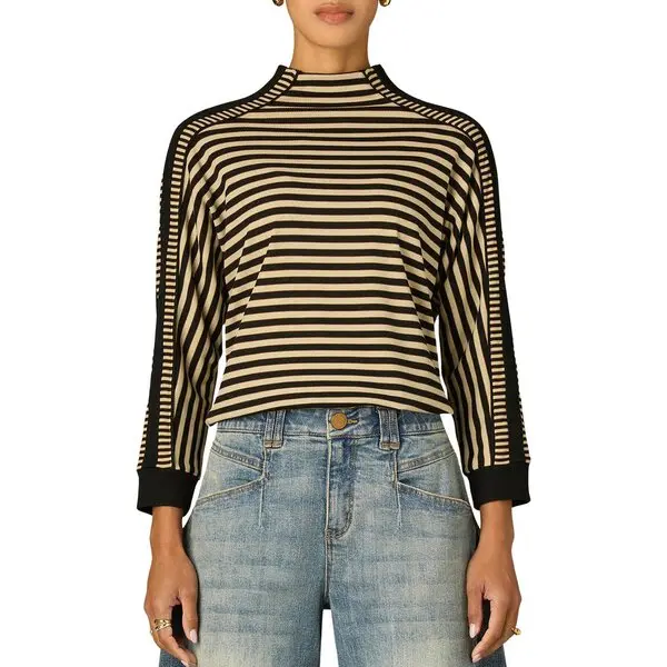 Wit & Wisdom Striped Mock Neck Ribbed Top - Black/ecru