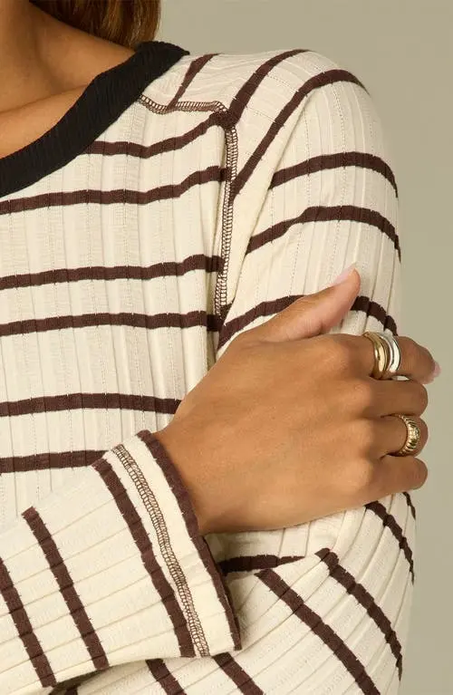 Wit & Wisdom Striped Ribbed Long Sleeve Top - Ecru/black