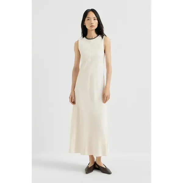 Brunello Cucinelli Viscose And Linen Fluid Twill Maxi Dress With Embellished Collar