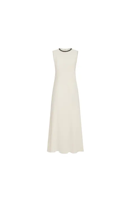 Brunello Cucinelli Viscose And Linen Fluid Twill Maxi Dress With Embellished Collar