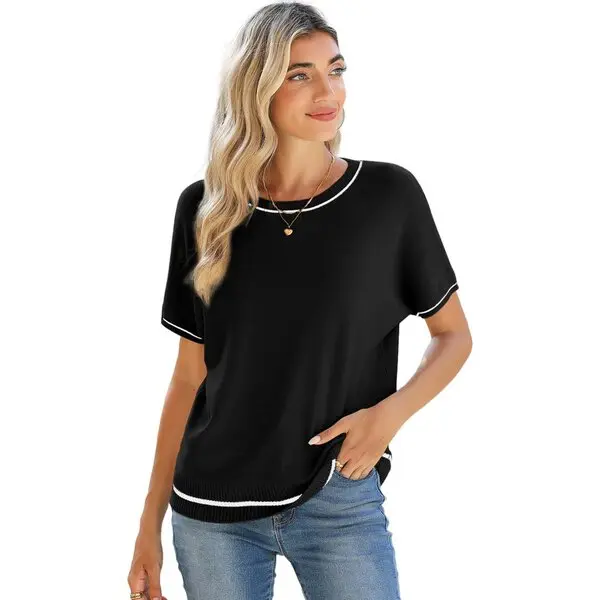 ZILPU Lightweight Soft Knit Crewneck Top With Contrast Trim - Black