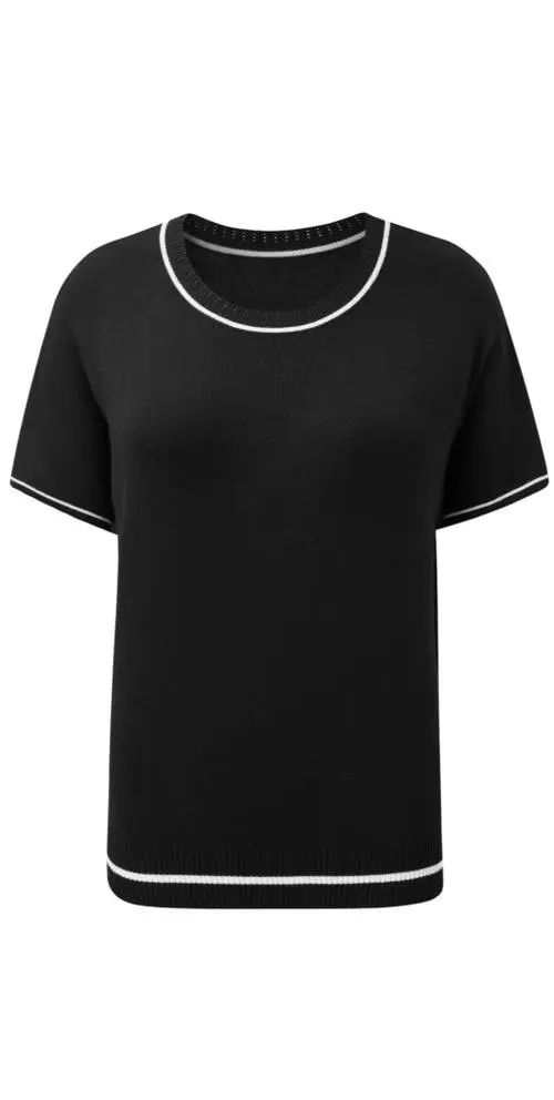 ZILPU Lightweight Soft Knit Crewneck Top With Contrast Trim - Black