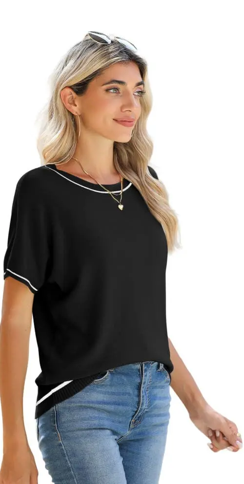 ZILPU Lightweight Soft Knit Crewneck Top With Contrast Trim - Black