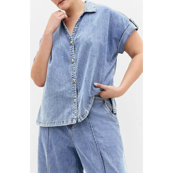 City Chic Tilly Cotton Denim Shirt - Light Denim