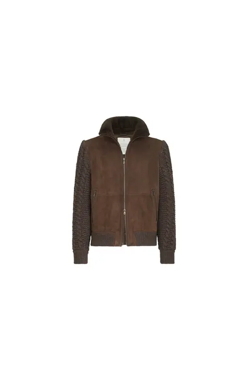 Brunello Cucinelli Suede Shearling And Cashmere Knit Bomber Jacket With Thermore® Padding
