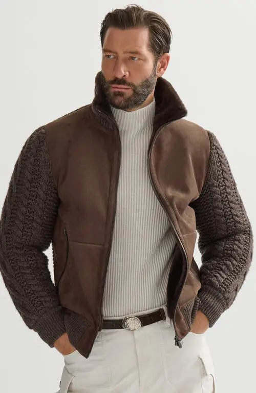 Brunello Cucinelli Suede Shearling And Cashmere Knit Bomber Jacket With Thermore® Padding