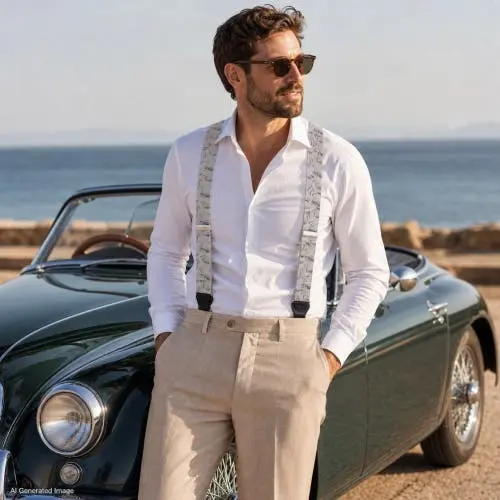 Trafalgar Summer Cruise Nights Silk Novelty Button End Suspenders - Silver