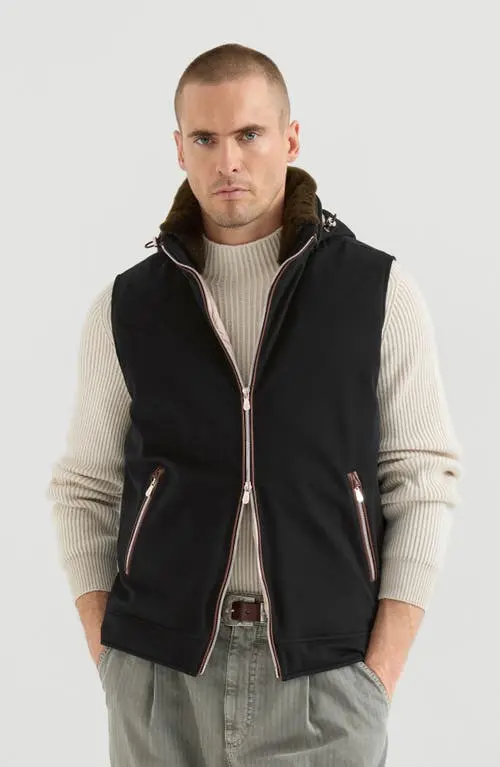 Brunello Cucinelli Bonded Wool Flannel Hooded Down Vest With Detachable Shearling Insert