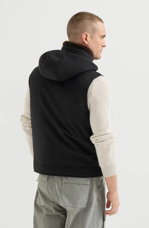 Brunello Cucinelli Bonded Wool Flannel Hooded Down Vest With Detachable Shearling Insert