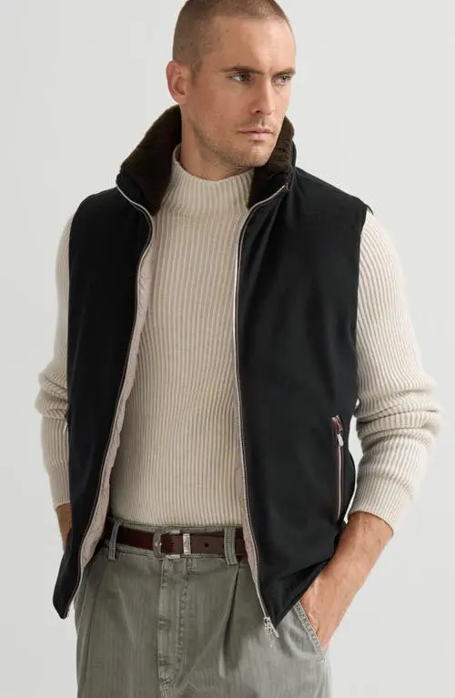 Brunello Cucinelli Bonded Wool Flannel Hooded Down Vest With Detachable Shearling Insert
