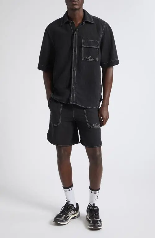 Amiri Script Garment Dyed Linen Blend Shorts - Black