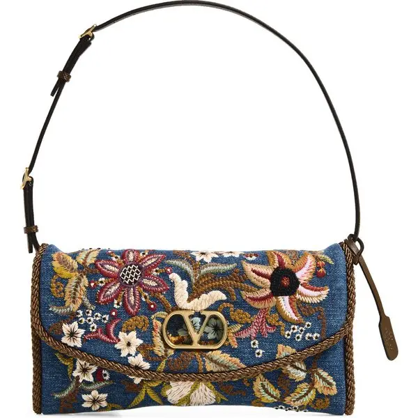 Valentino Garavani Small Devain Embroidered Denim Shoulder Bag
