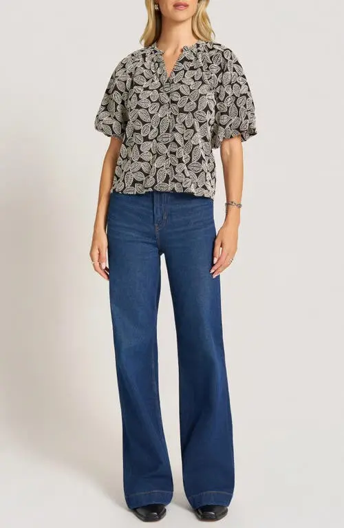 Matty M. Embroidered Leaf Print Boxy Top With Puff Sleeves