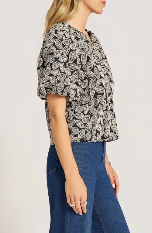 Matty M. Embroidered Leaf Print Boxy Top With Puff Sleeves