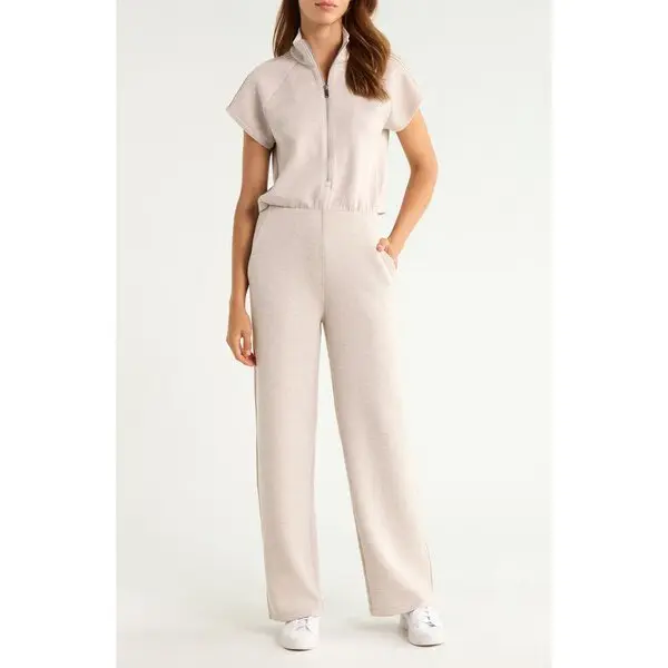 Spanx Pintucked Half-zip Jumpsuit - Bone Heather