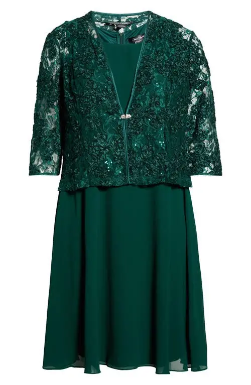 JESSICA HOWARD Sequin Lace Jacket & Sleeveless Dress Set - Hunter