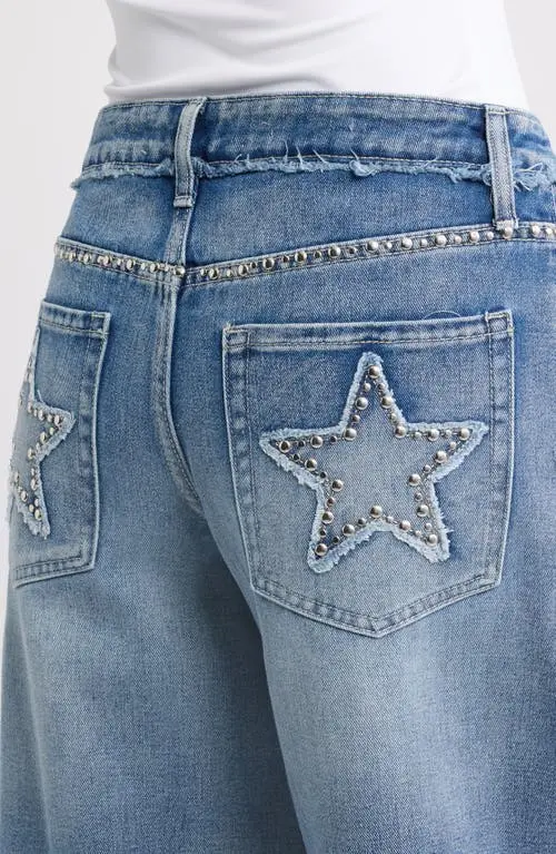 YMI Studded Star Pocket High Waist Wide Leg Jeans