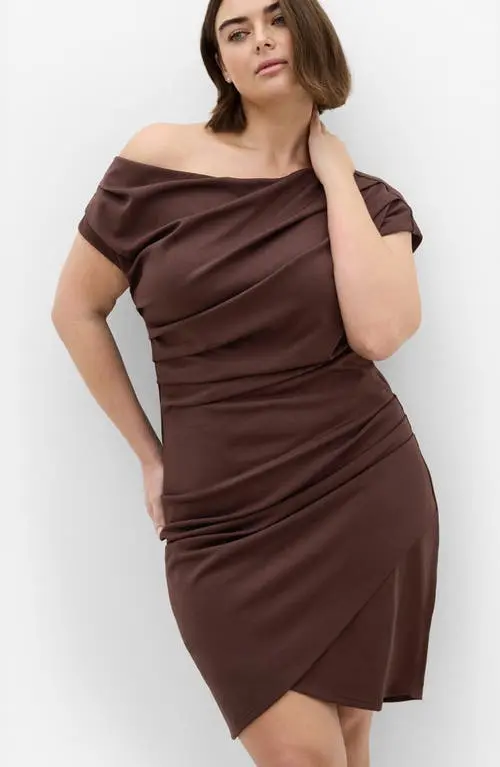 City Chic Ruched One-shoulder Mini Dress - Chocolate