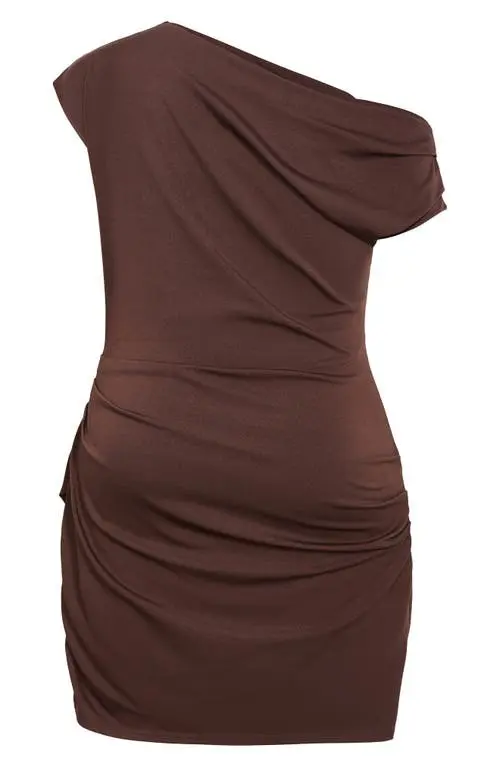 City Chic Ruched One-shoulder Mini Dress - Chocolate