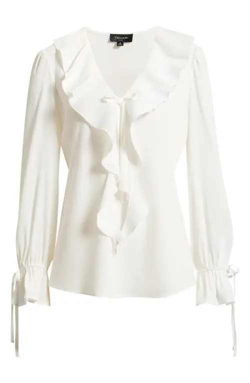 TAHARI ASL Ruffle V-neck Shirt - Ivory