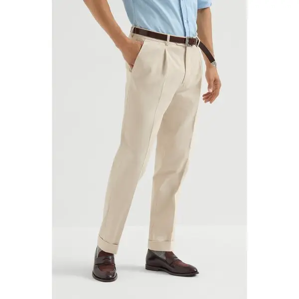 Brunello Cucinelli Cotton And Virgin Wool Gabardine Trousers With Pleat - Ivory