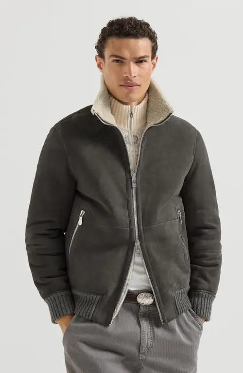 Brunello Cucinelli Suede Curly Shearling Bomber Jacket